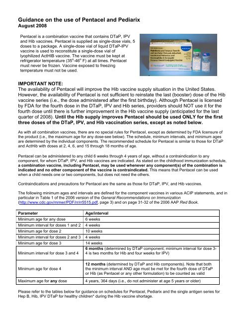 Guidance on the use of Pentacel and Pediarix