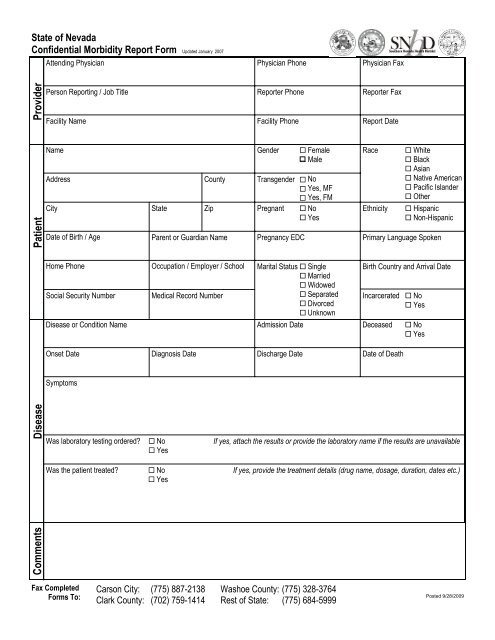 Confidential Morbidity Report Form - Nevada State Health Division ...