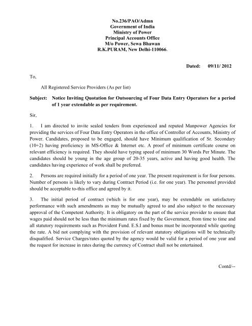 Notice Inviting Quotation for Outsourcing of Four ... - Ministry of Power