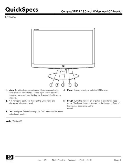 Compaq S1922 18.5-inch Widescreen LCD Monitor - HP