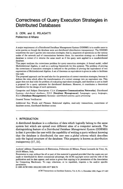 Correctness Of Query Execution Strategies In Distributed Databases