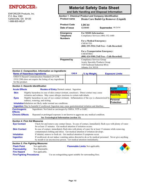 6694 Drain Care Build-Up Remover (Liquid) (English (US)) MSDS ...
