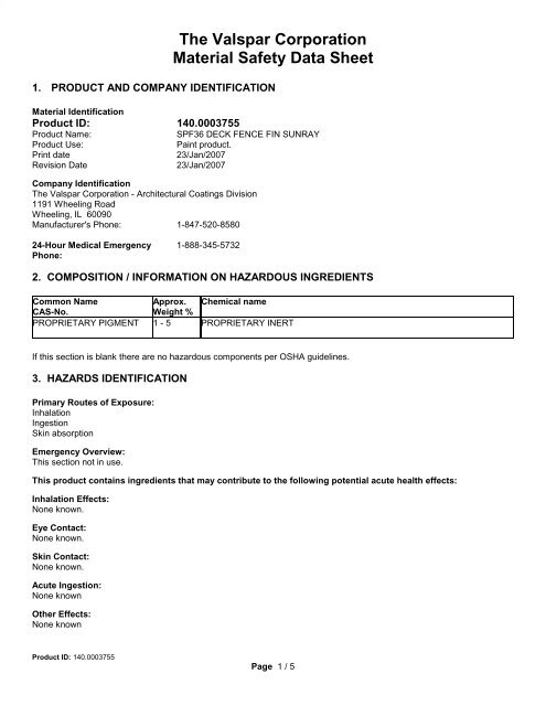 The Valspar Corporation Material Safety Data Sheet