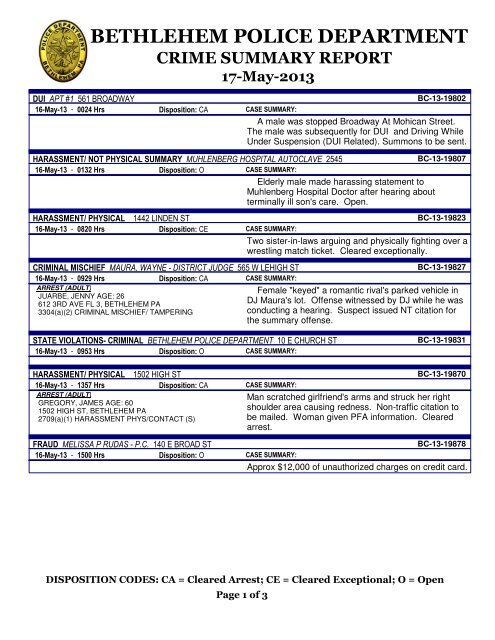 Crime Summary Friday 5-17-13 - Bethlehem Police