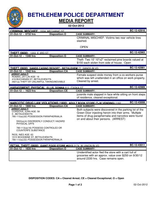bethlehem police department media report