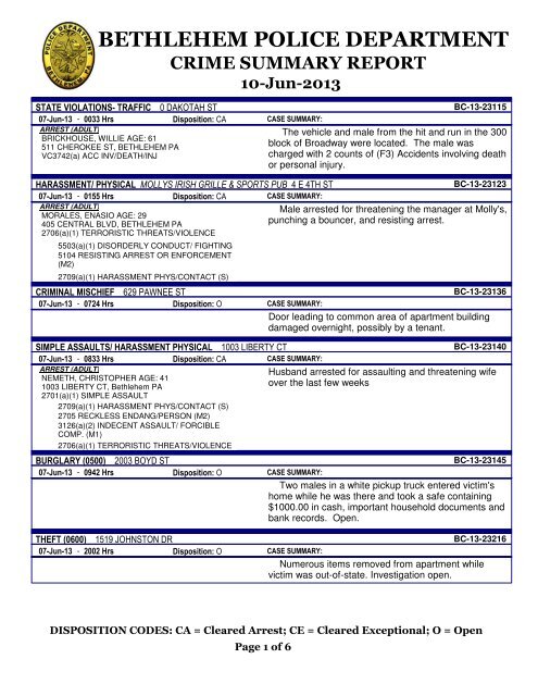 Crime Summary Monday 6-10-13 - Bethlehem Police