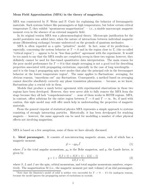 Mean Field Approximation Mfa In The Theory Of Magnetism Mfa