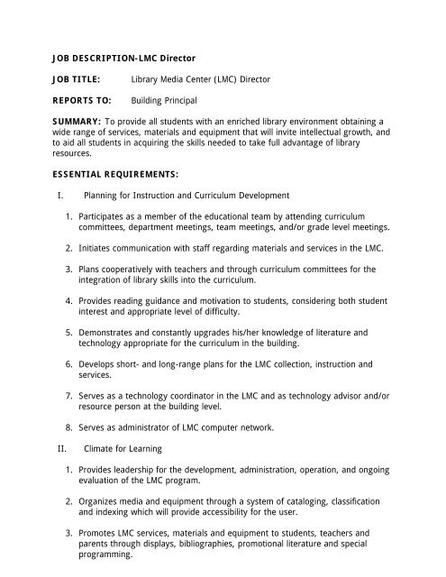 JOB DESCRIPTION-LMC Director - Clow Elementary School