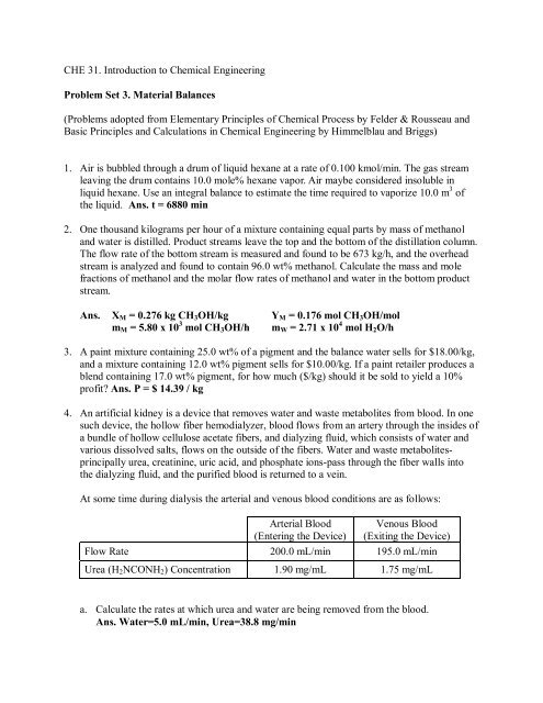CHE 31. Introduction to Chemical Engineering Problem Set 3 ...