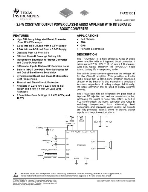 2.7 Watt Class-D audio power amplifier with an integrated boost ...