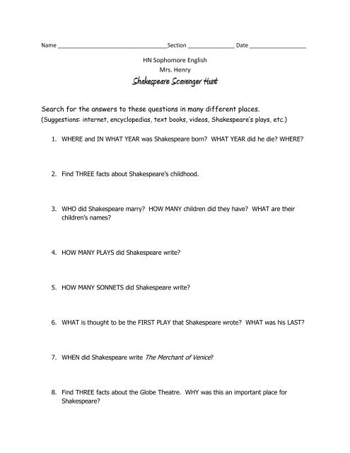 Shakespeare Scavenger Hunt