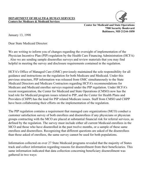 SMD Letter - Physician Incentive Plan Regulation - Centers for ...