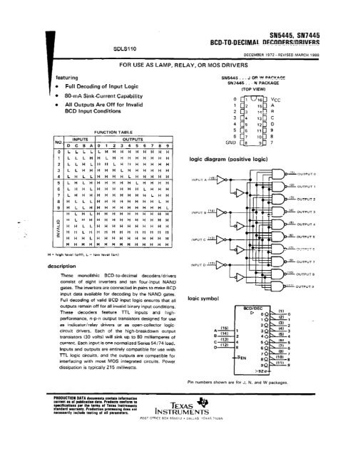 BCD-to-Decimal Decoders/Drivers BCD-to-Decimal Decoders/Drivers