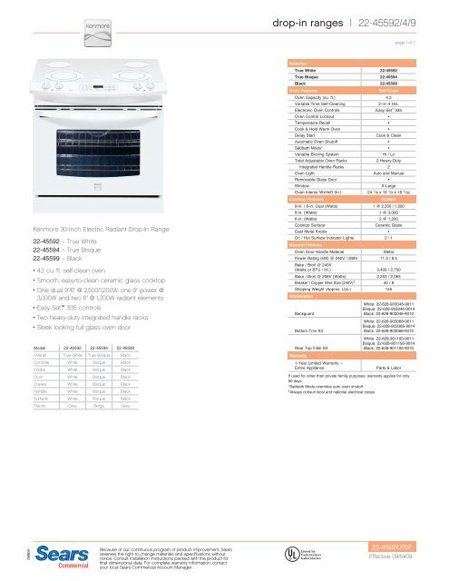 drop-in ranges | 22-45592/4/9 - Sears