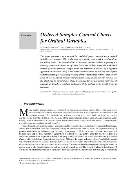 Ordered Samples Control Charts for Ordinal Variables