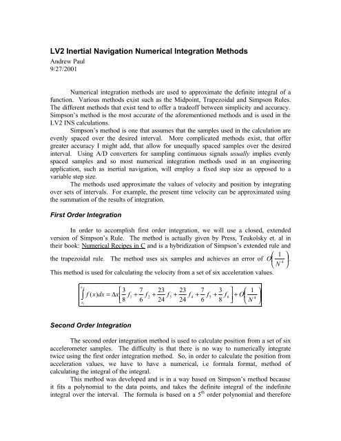 LV2 Inertial Navigation Numerical Integration Methods