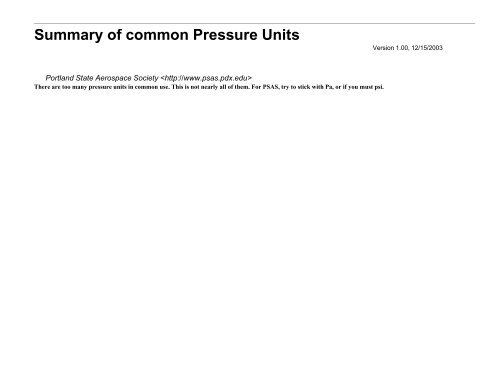 Summary of common Pressure Units - Portland State Aerospace ...