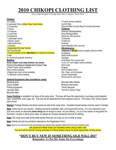 2010 chikopi clothing list - Camp Chikopi