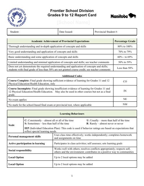 Grades 9 to 12 Report Card mixed semester - Frontier School Division