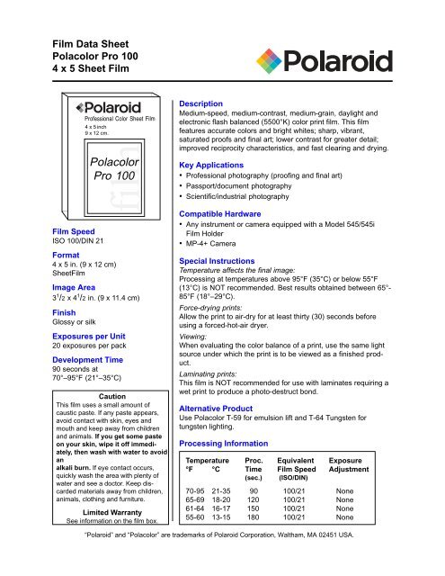 Polacolor Pro 100 Film Data Sheet - 125px