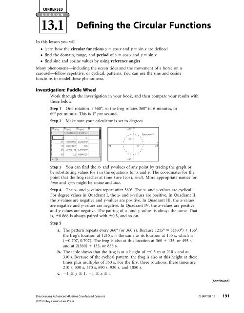 Lesson 13.1 • Defining the Circular Functions - Kendall Hunt