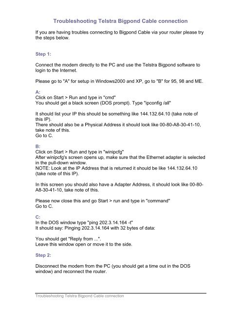 Troubleshooting Telstra Bigpond Cable connection