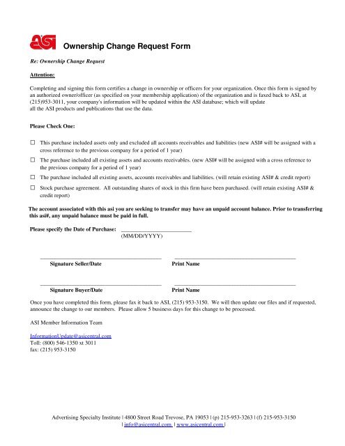 Ownership Change Request Form - Advertising Specialty Institute