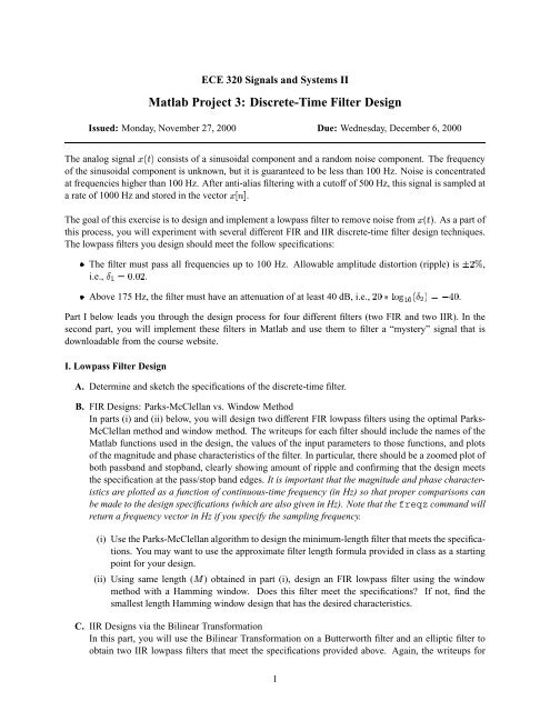 Matlab Project 3: Discrete-Time Filter Design