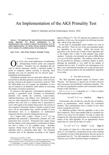 An Implementation Of The Aks Primality Test Department Of