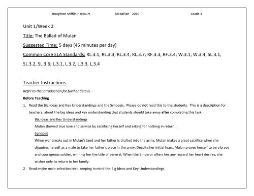 Unit 1/Week 2 Title: The Ballad of Mulan Suggested Time: 5 days ...