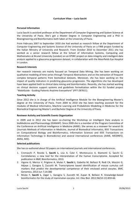 Curriculum Vitae – Lucia Sacchi Personal Information Lucia Sacchi ...