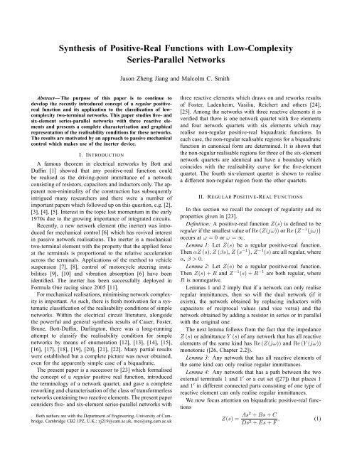 Synthesis of Positive-Real Functions with Low-Complexity Series ...