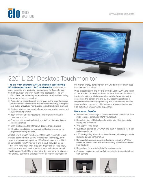 2201L 22" Desktop Touchmonitor - Elo Touch Solutions