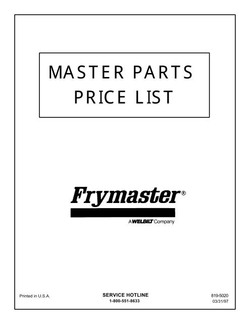 MASTER PARTS PRICE LIST - Frymaster