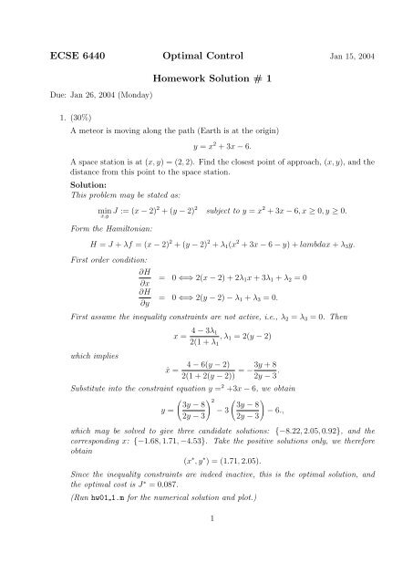 ECSE 6440 Optimal Control Homework Solution # 1