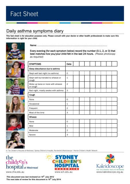 Daily asthma symptoms diary - Kids Health @ CHW