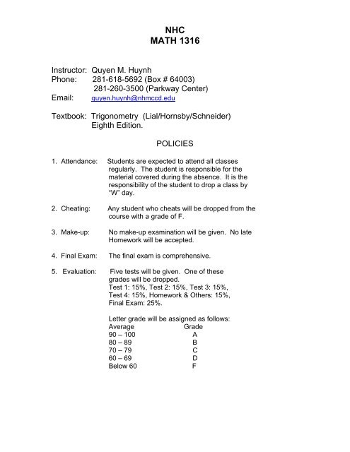 Math 1316.62001 Trigonometry - NHC Math Department