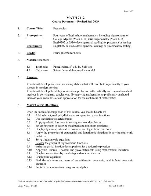 MATH 2412: Precalculus - Lone Star College System