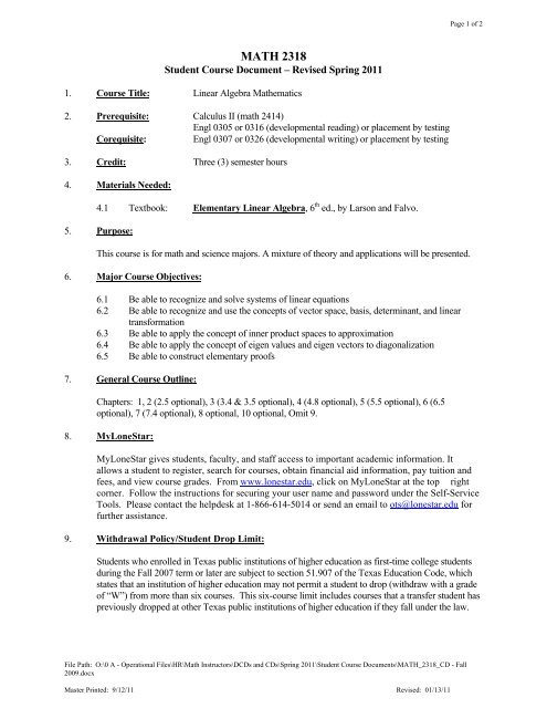 MATH 2318: Linear Algebra - Lone Star College System