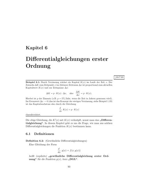 Differentialgleichungen erster Ordnung Differentialgleichungen erster Ordnung