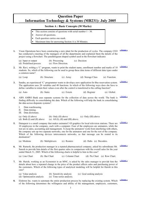 Question Paper Information Technology & Systems (MB231): July ...