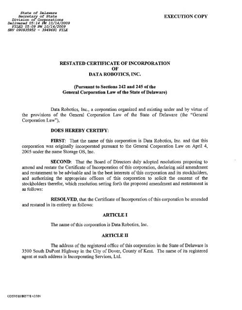 EXECUTION COPY RESTATED CERTIFICATE OF ... - Cloud