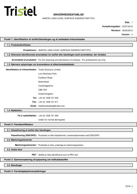 Anistel High Level Surface Disinfectant RTU MSDS ... - equistro.dk