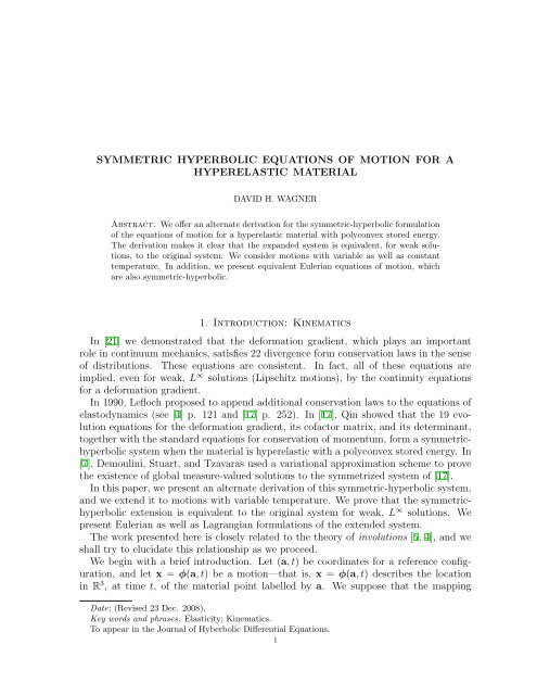 Symmetric Hyperbolic Equations of Motion for a Hyperelastic Material
