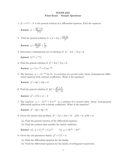 MATH 3321 Final Exam – Sample Questions 1. y2 = Cx3 − 3 is the ...