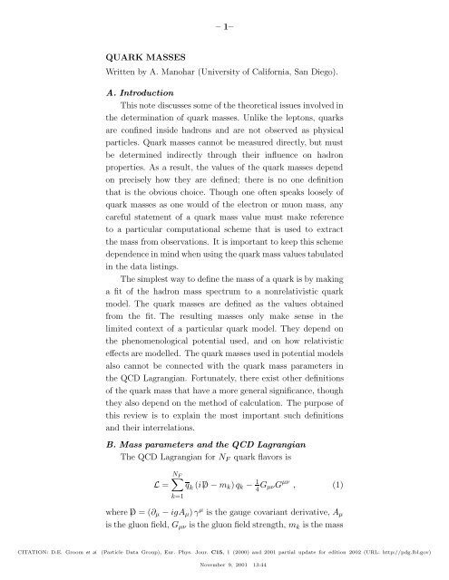 Note on the Quark Masses - Particle Data Group