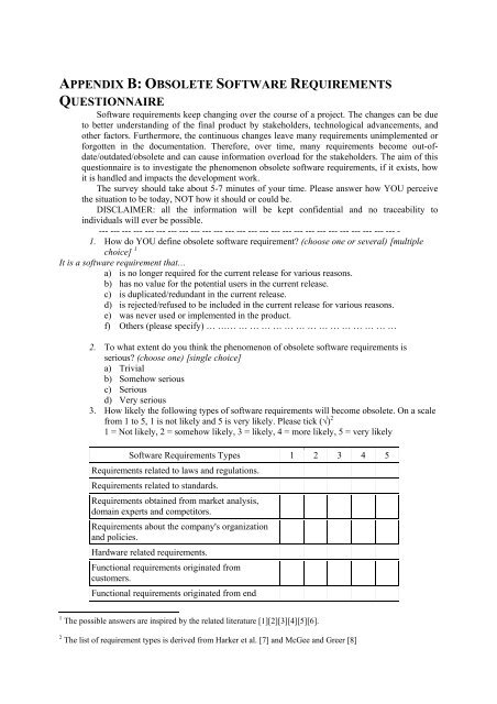 appendix b: obsolete software requirements questionnaire
