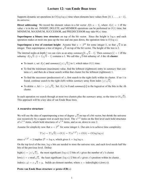 Lecture 12: van Emde Boas trees