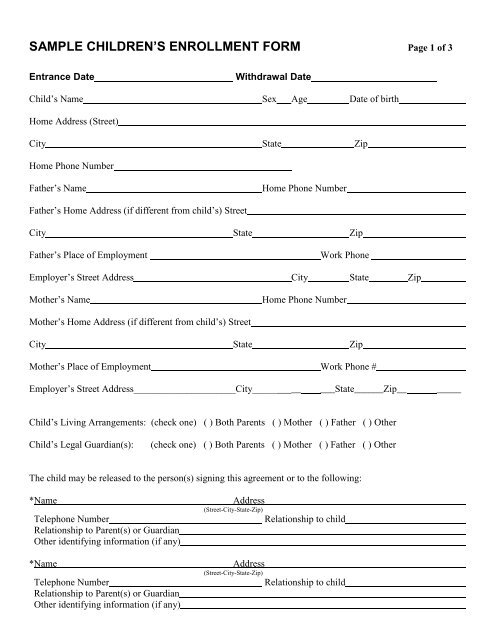 SAMPLE CHILDREN'S ENROLLMENT FORM