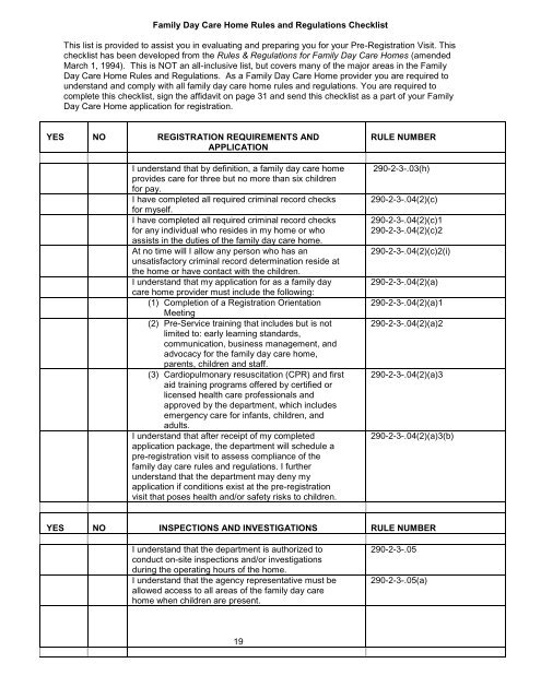 Family Day Care Home Rules and Regulations Checklist This list is ...